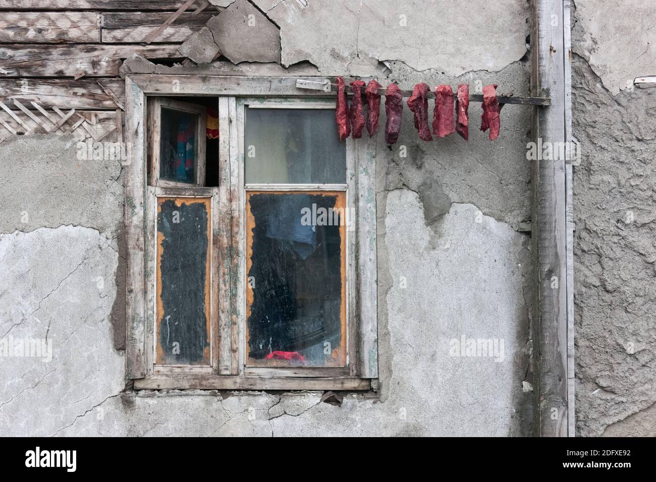 Drying walrus meat by the window, Uelen village, the most northeastern ...