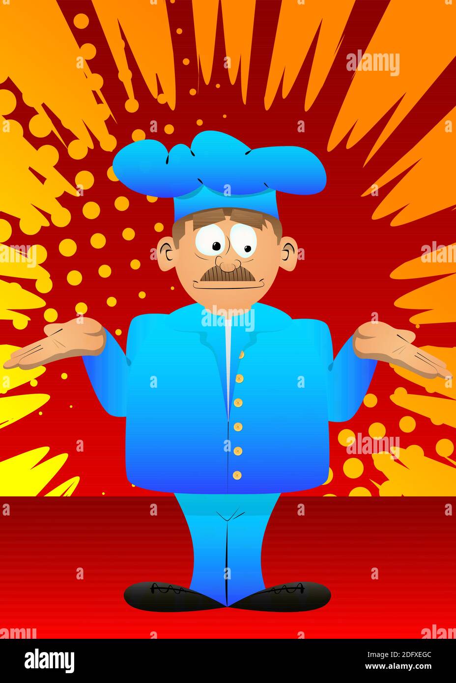 Fat male cartoon chef in uniform shrugs shoulders expressing don't know ...