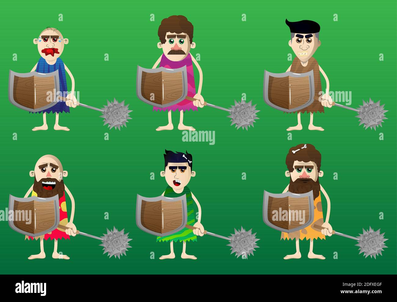 Cartoon man from a prehistoric era holding a spiked mace and shield ...