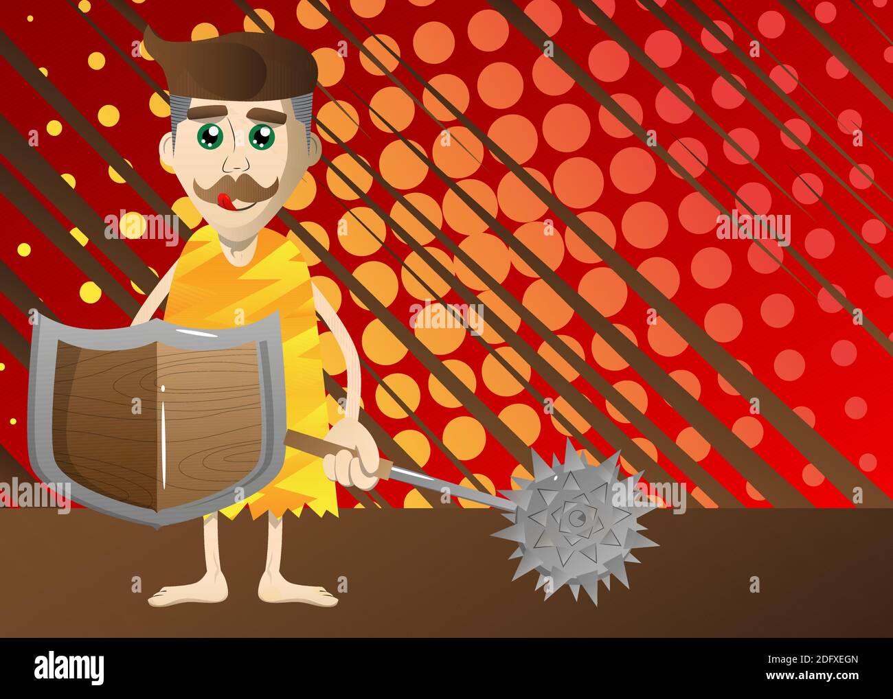 Cartoon man from a prehistoric era holding a spiked mace and shield ...
