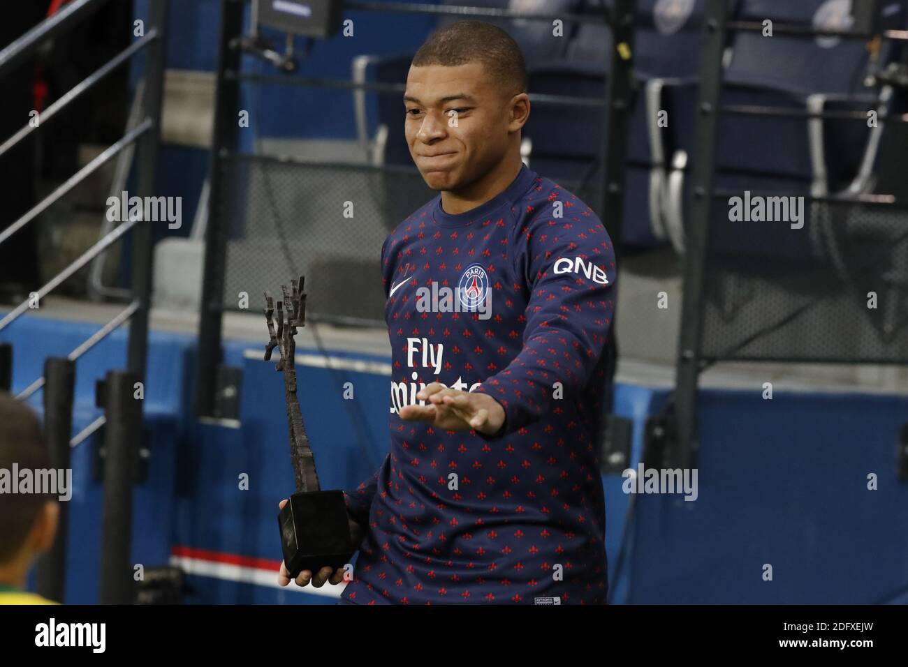 PSG's Kylian Mbappe presenting his "Kopa Trophy" for 2018 before the ...