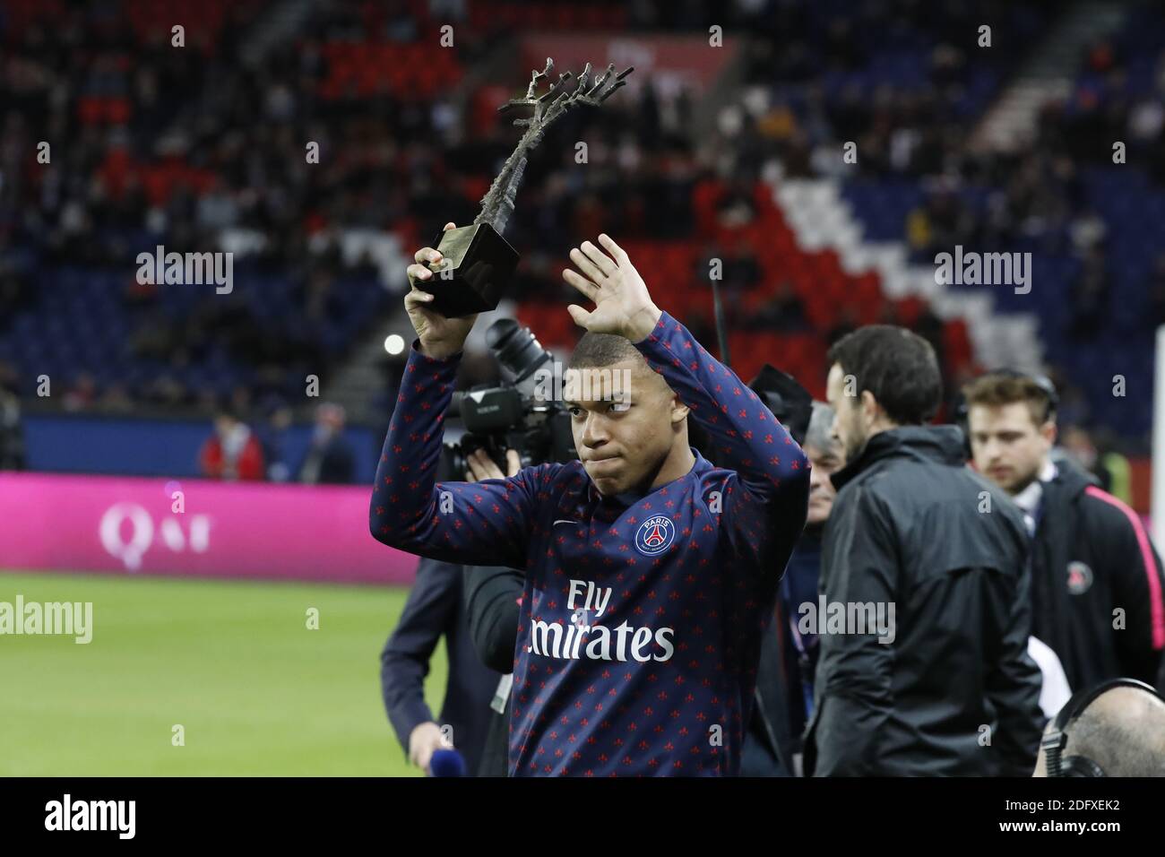 PSG's Kylian Mbappe presenting his "Kopa Trophy" for 2018 before the ...