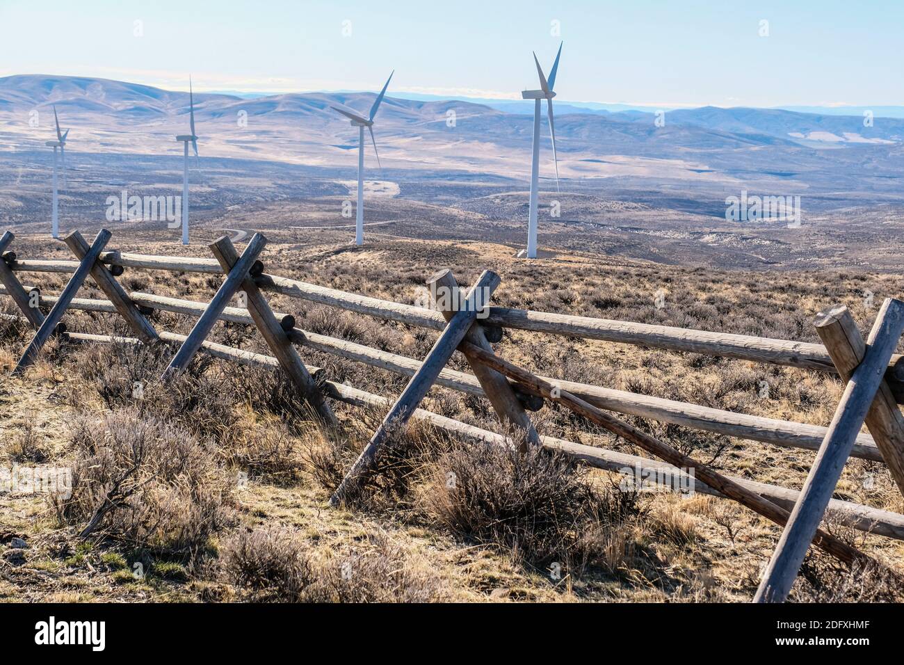 Wind Turbines and Wooden Fence Stock Photo - Alamy
