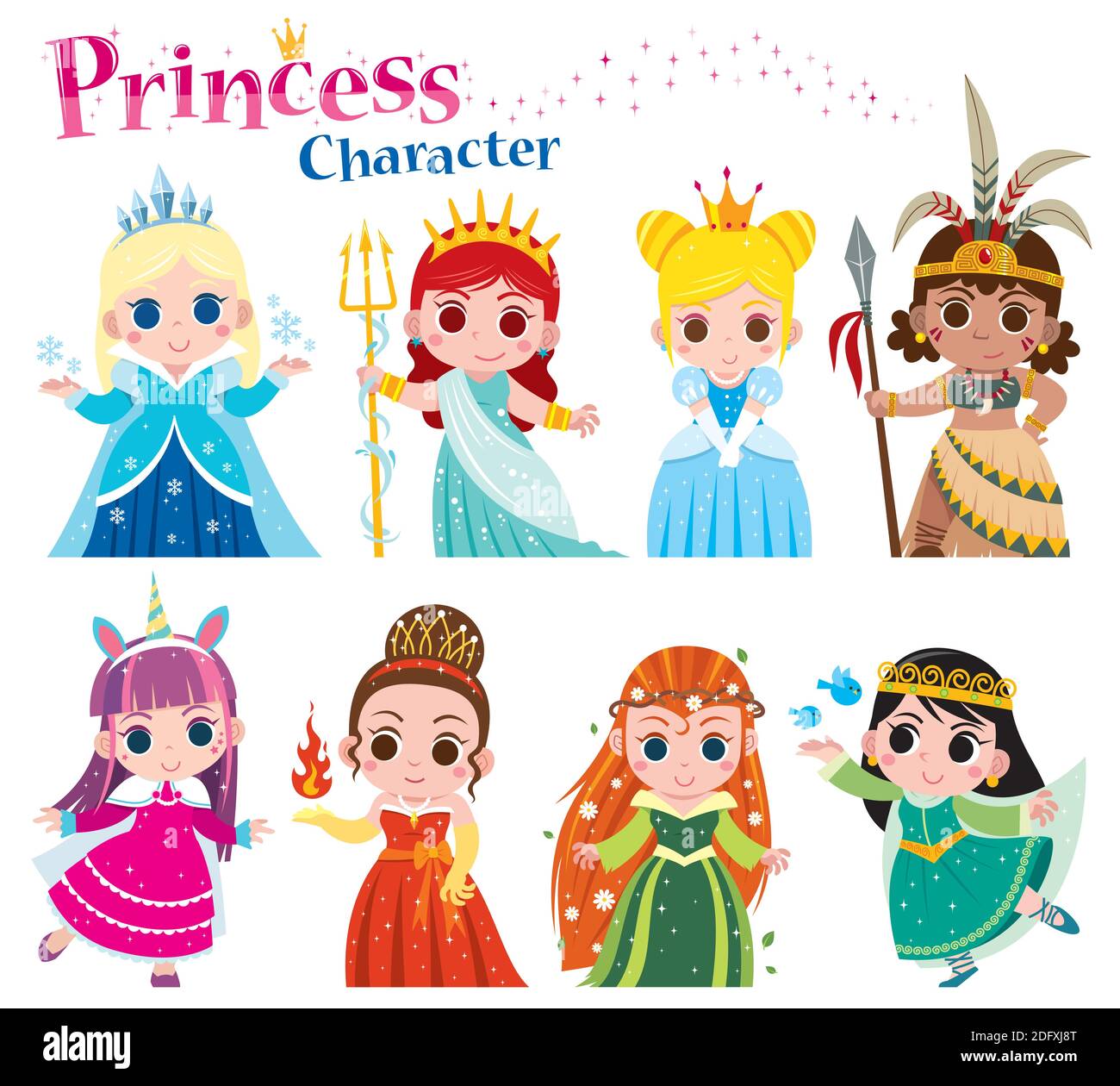 Vector Illustration Of Cartoon Cute Collection Princesses Stock Vector
