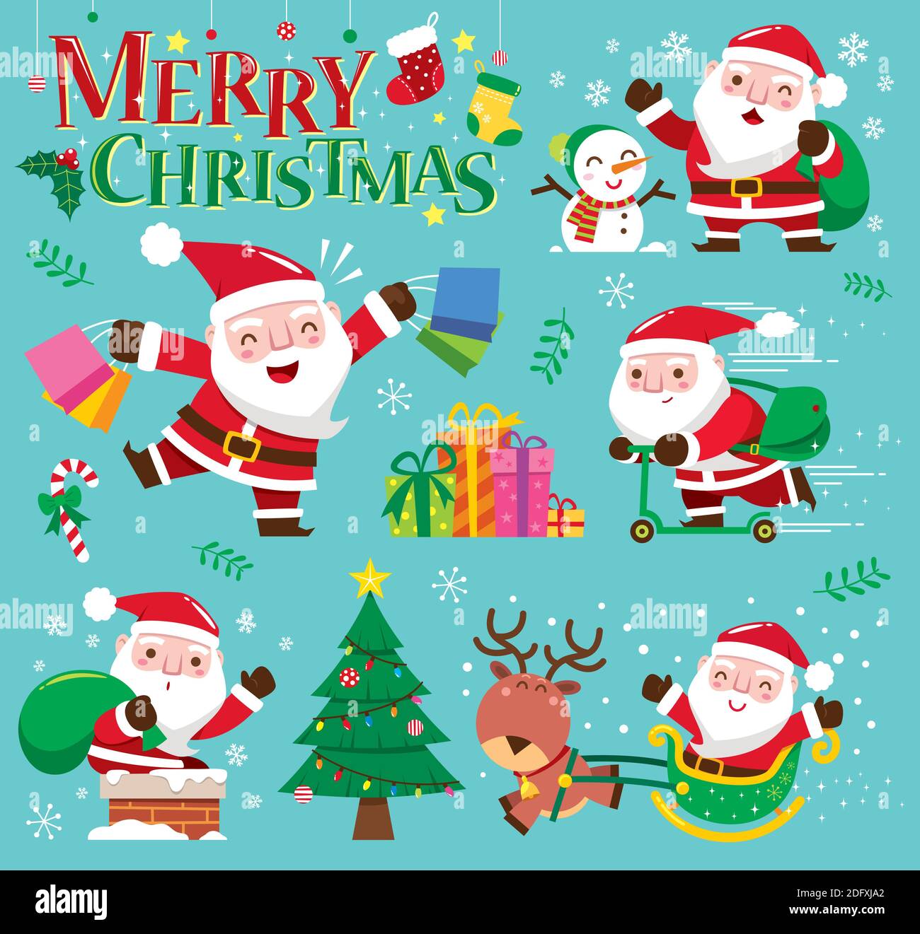 Vector Illustration Of Christmas Santa Claus Collection Santa Reindeer Christmas Tree Stock