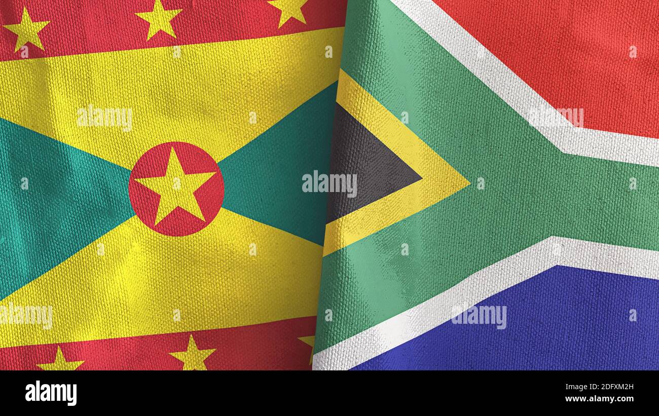 South Africa and Grenada two flags textile cloth 3D rendering Stock ...