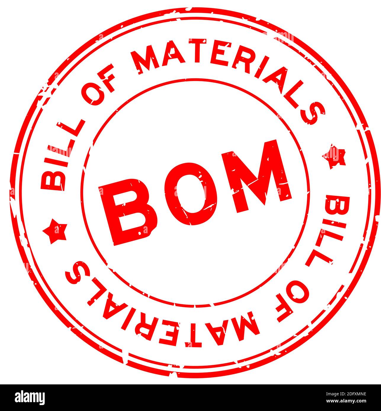 Grunge red BOM Bill of Materials word round rubber seal stamp on white ...