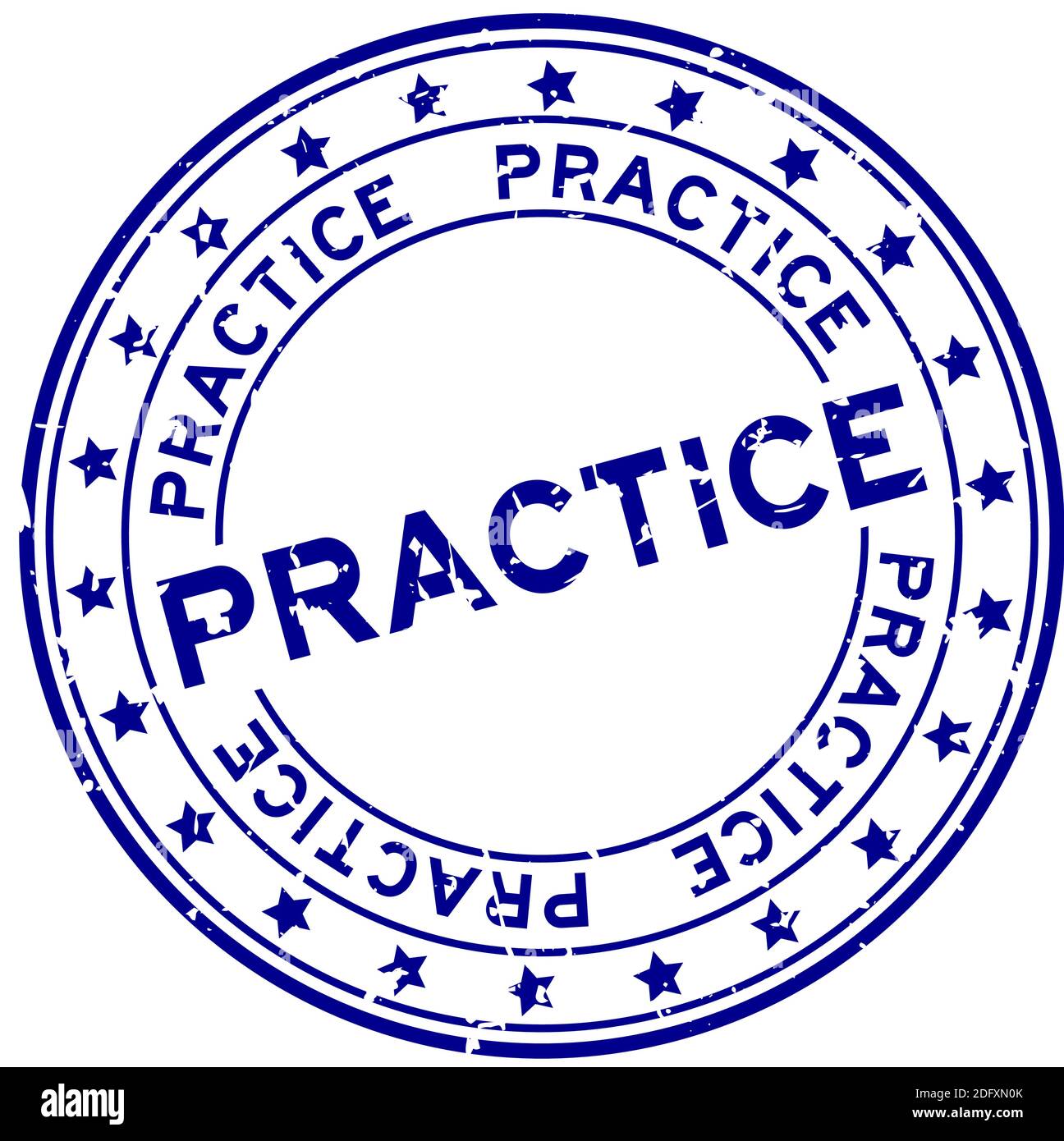 Grunge blue practice word with star icon round rubber seal stamp on ...