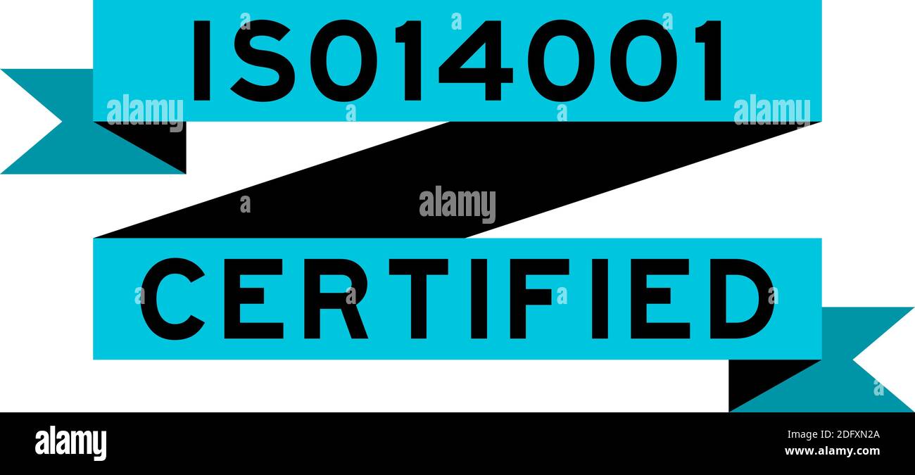 Vintage blue color ribbon banner with word ISO 14001 certified on white ...