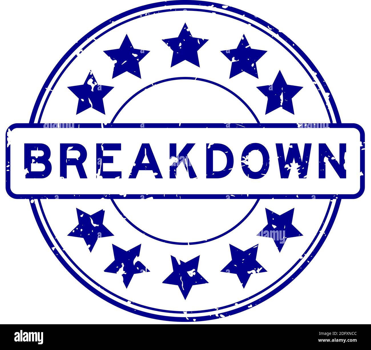 Grunge blue breakdown word with star icon round rubber seal stamp on ...