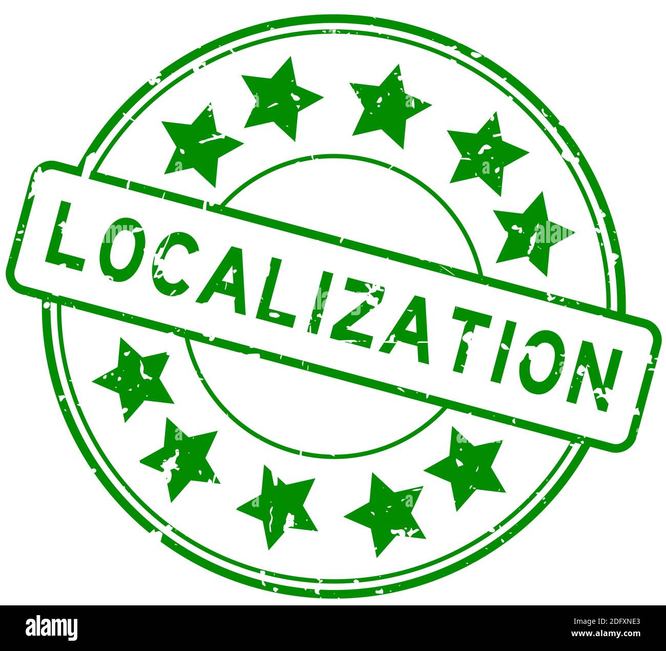 Grunge green localization word with star icon round rubber seal stamp ...