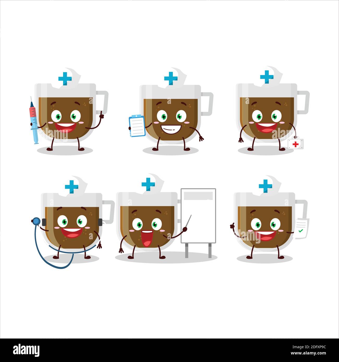 Doctor profession emoticon with cup of coffee cartoon character. Vector ...