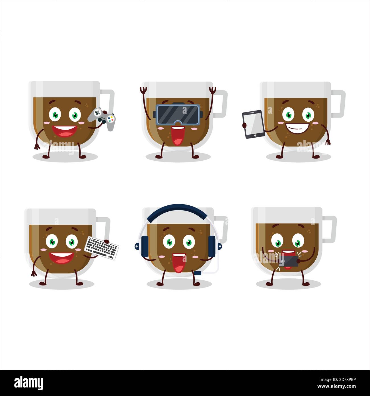 Cup of coffee cartoon character are playing games with various cute ...