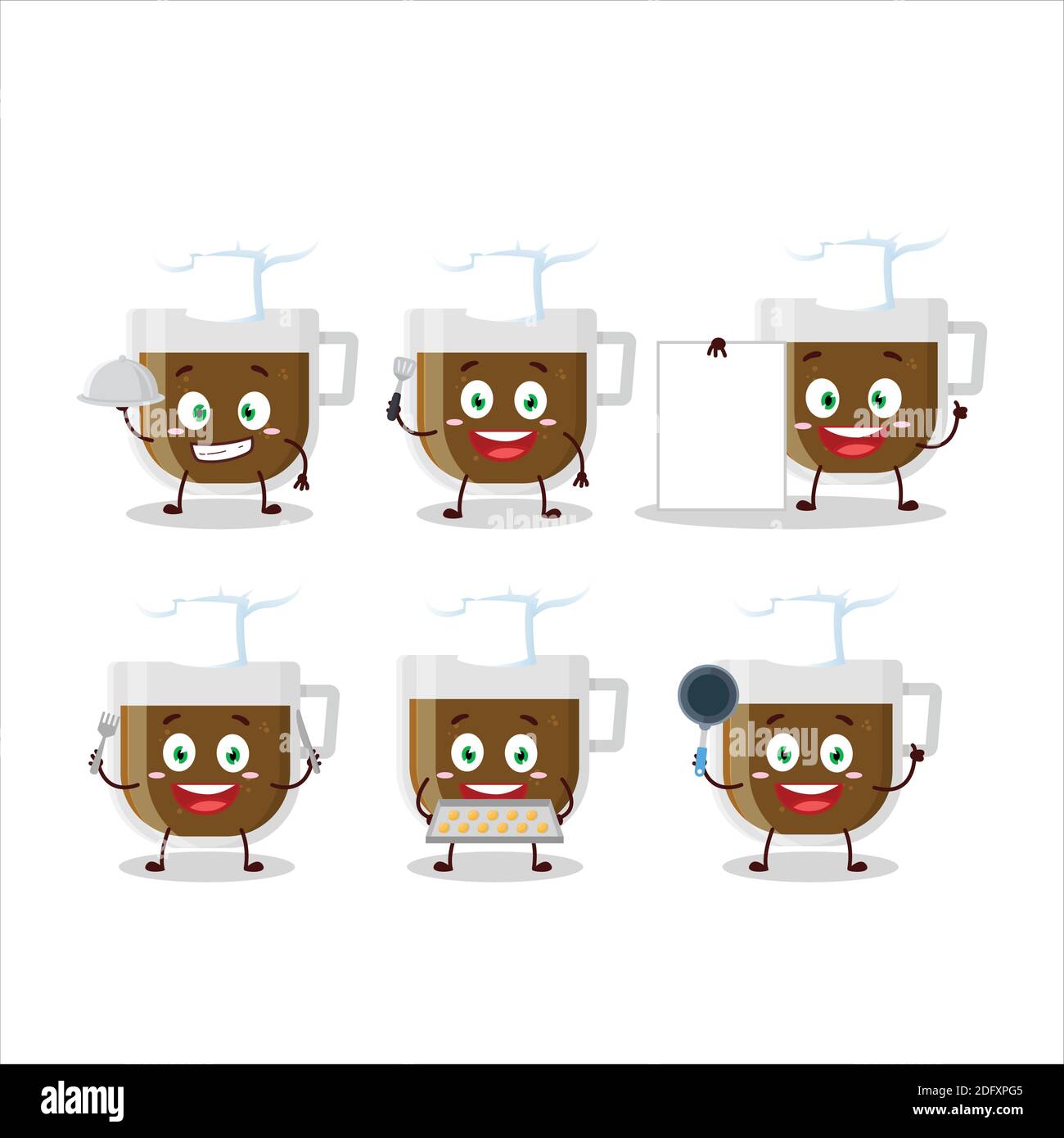 Cartoon character of cup of coffee with various chef emoticons. Vector ...