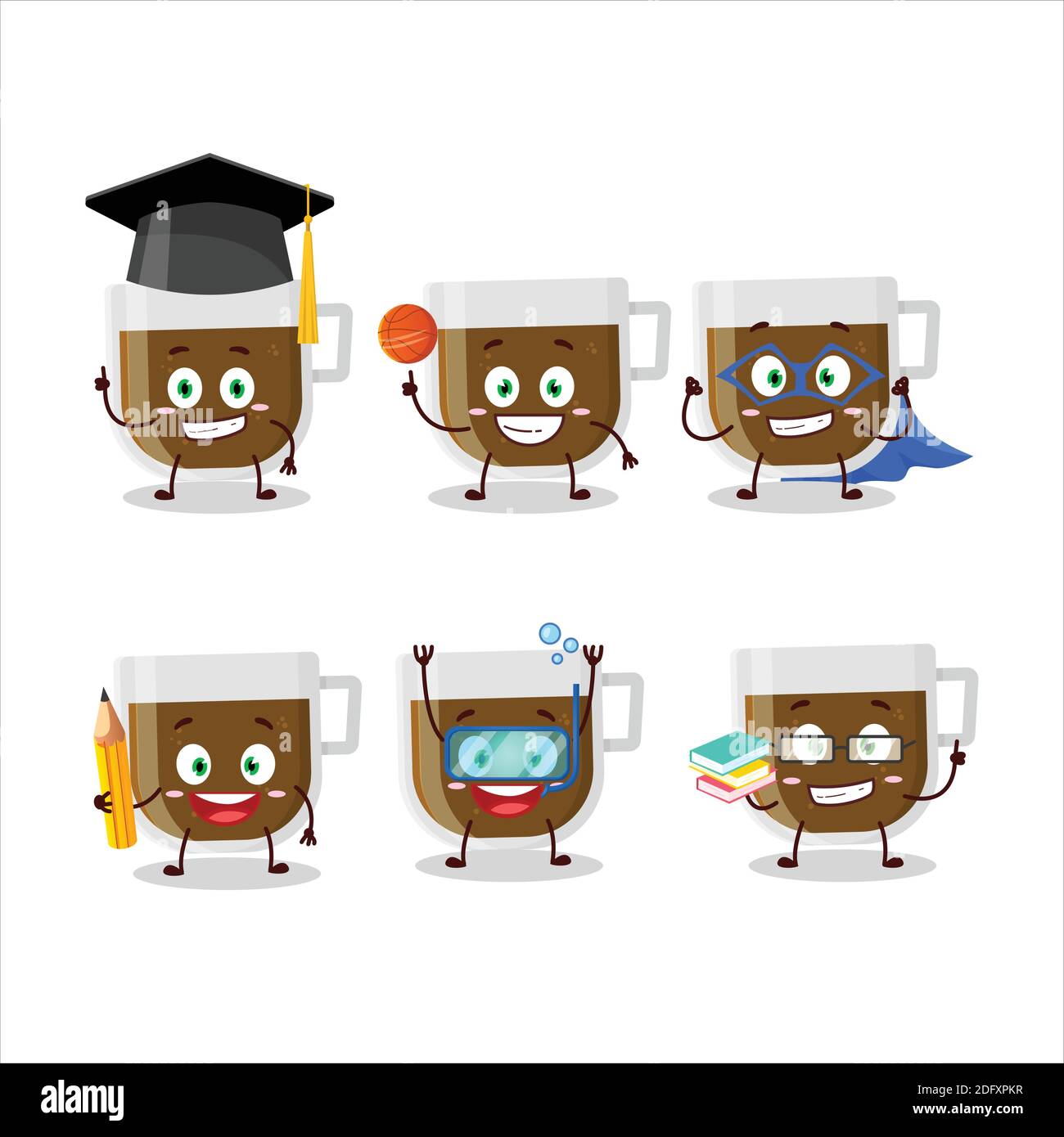 School student of cup of coffee cartoon character with various ...