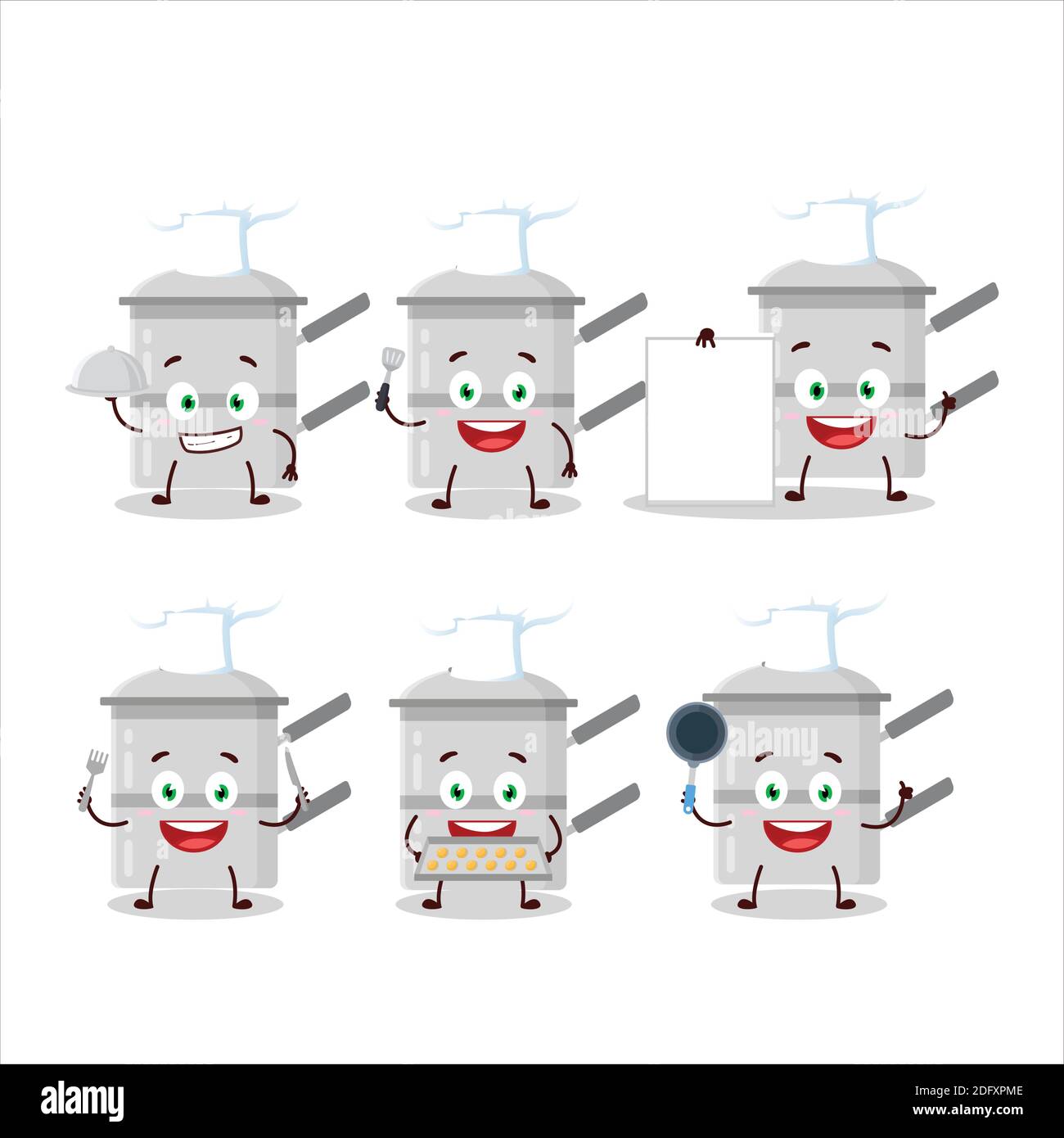 Cartoon character of double boiler with various chef emoticons. Vector ...