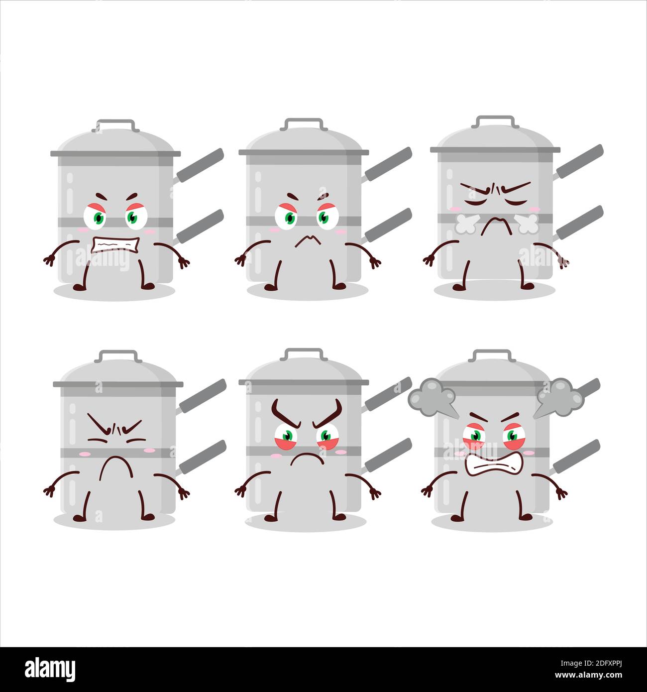 Double boiler cartoon character with various angry expressions. Vector ...