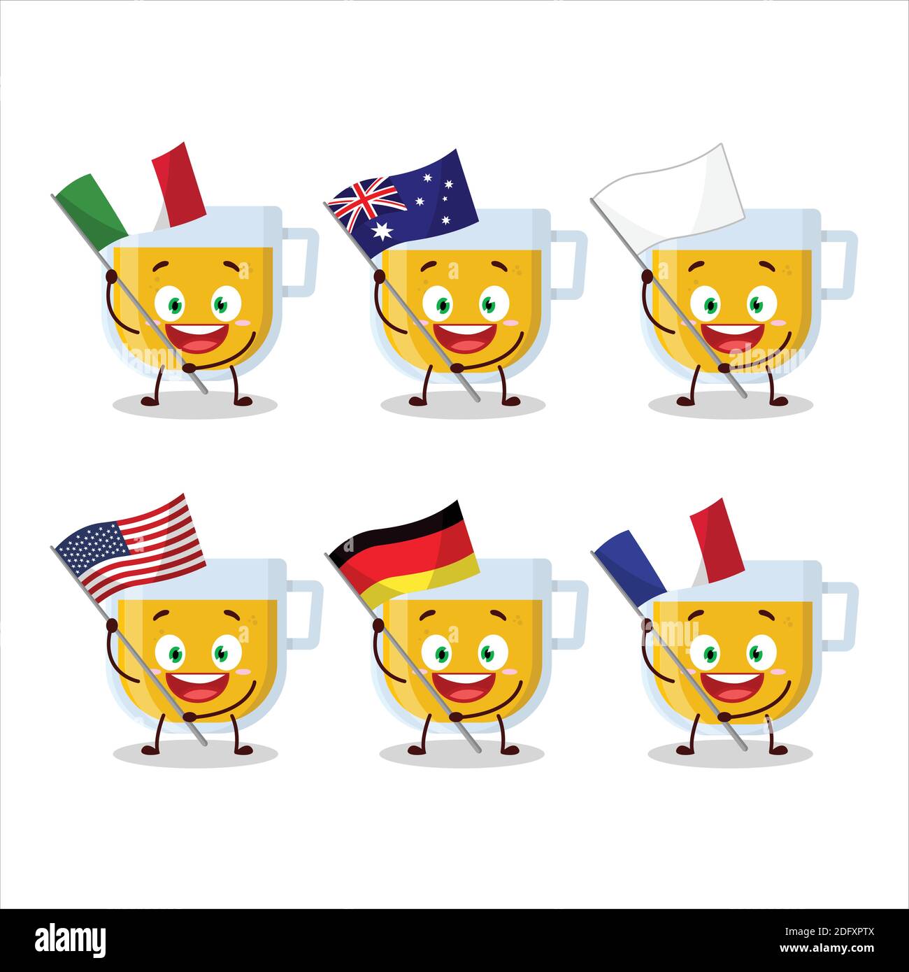 Cup of lemon tea cartoon character bring the flags of various countries ...