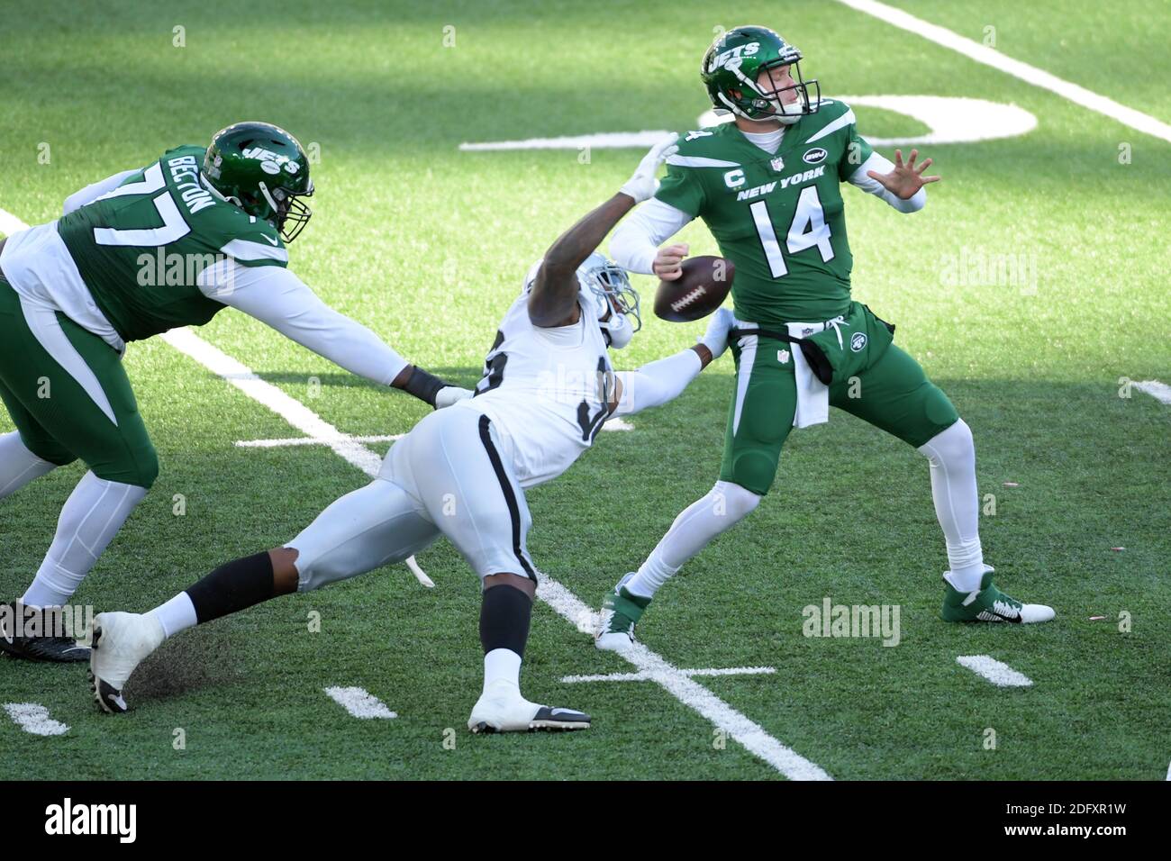 Las Vegas Raiders defensive end Clelin Ferrell (96) forces a fumble by ...