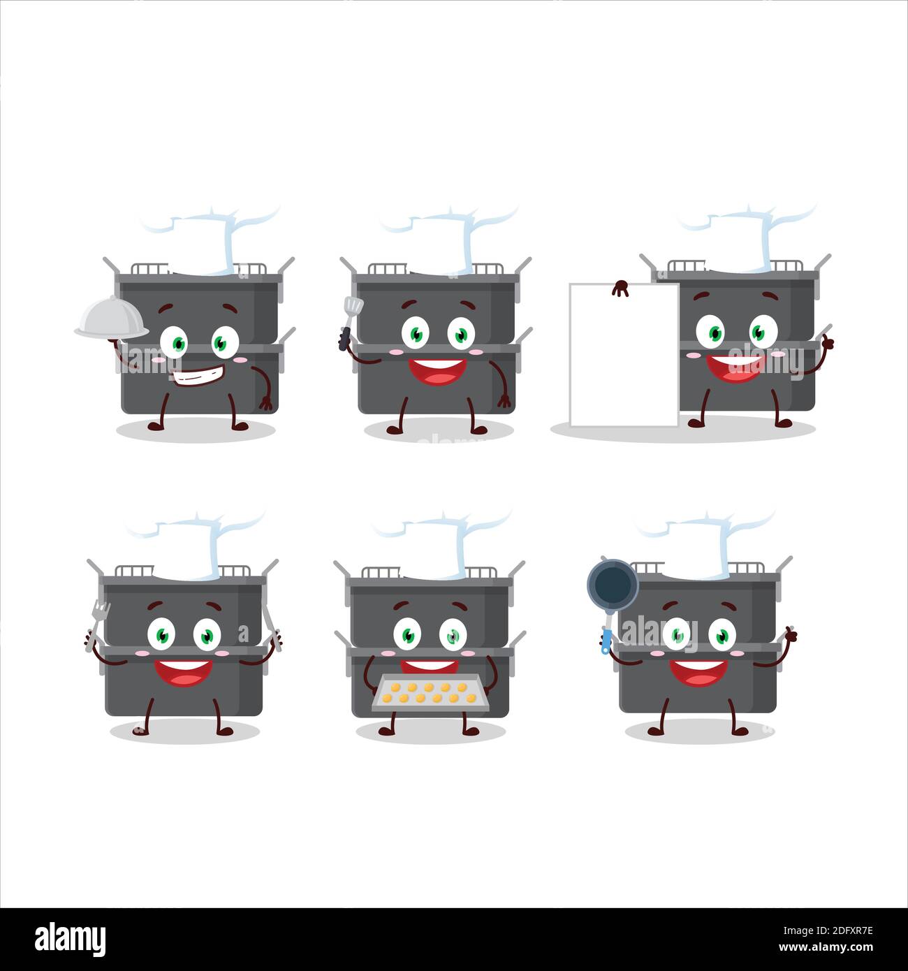 Cartoon character of double roaster pan with various chef emoticons ...