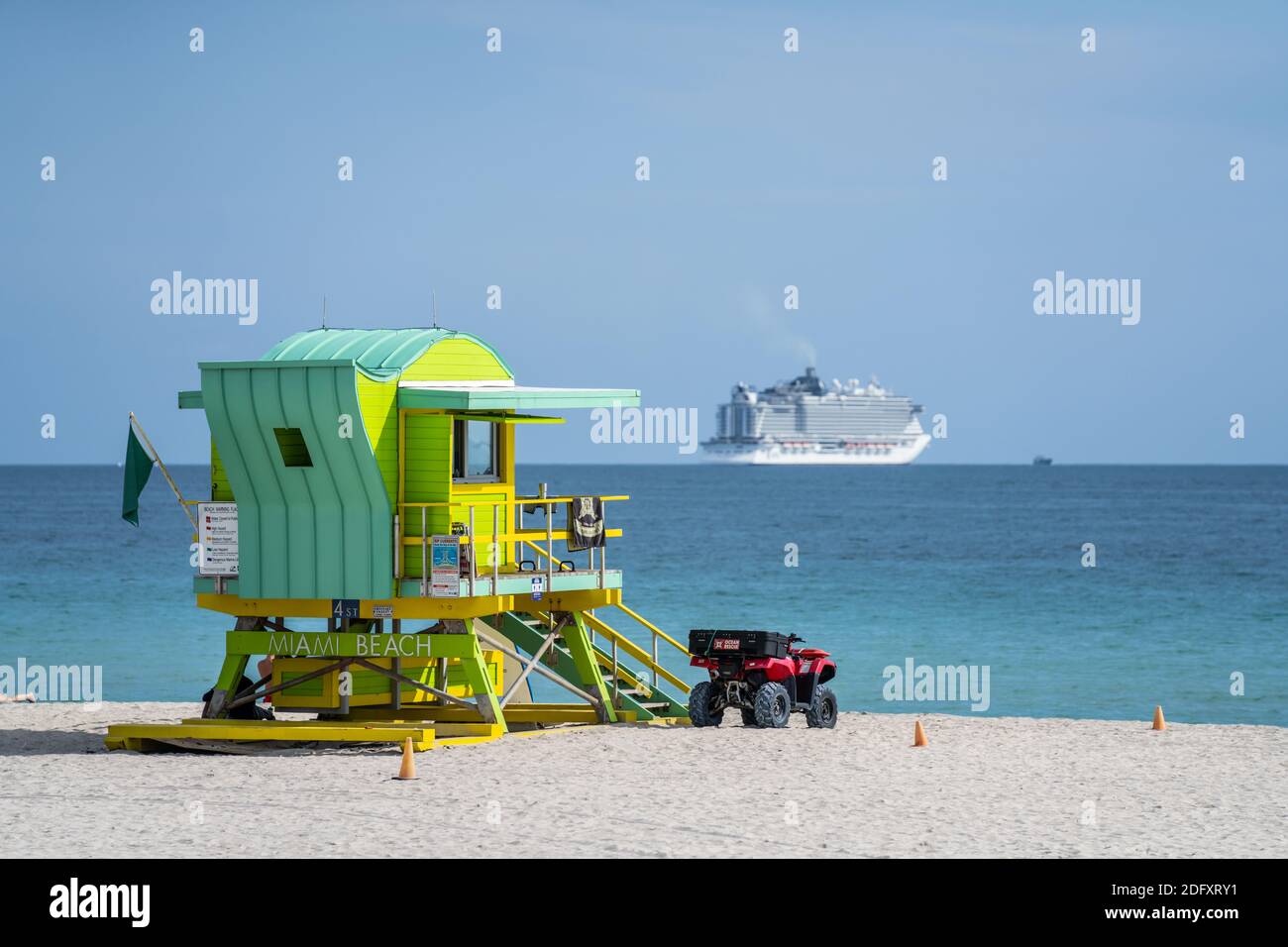 Miami Beach lifeguard tower with ship in background Stock Photo - Alamy