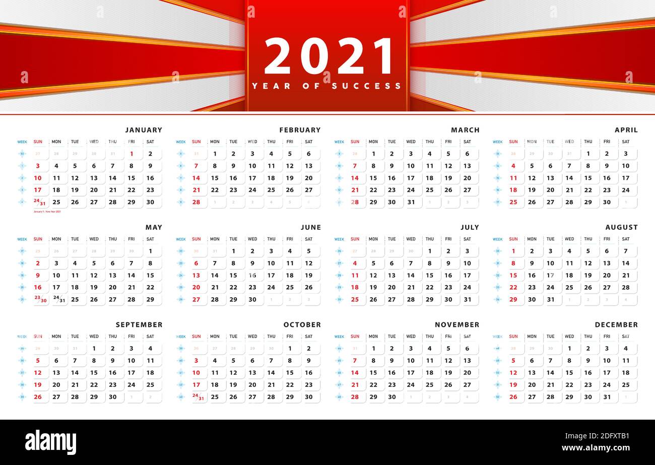 Calendar 2021 template design. Header abstract red design and clean ...