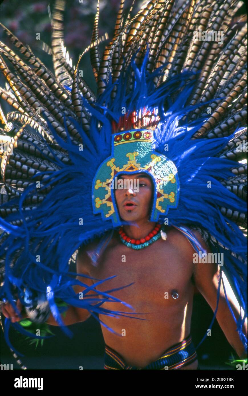 Aztec dancer in costume performing at Olvera Street in Downtown Los ...