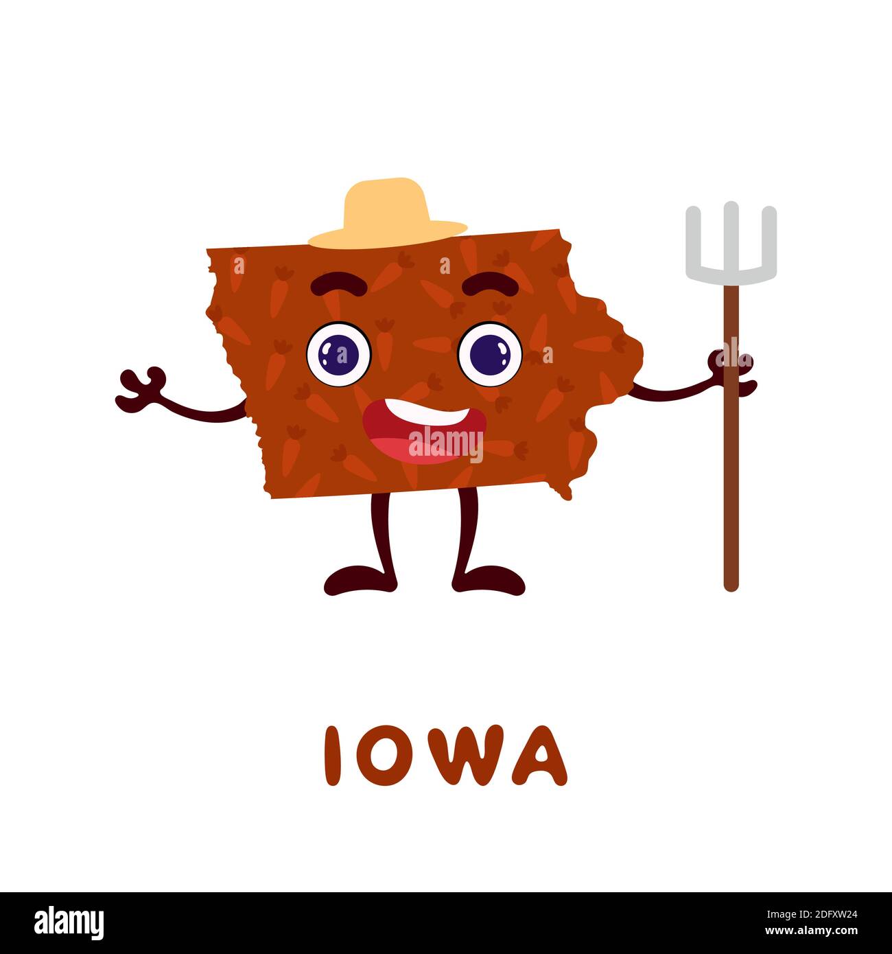 Cute cartoon Iowa state character clipart. Illustrated map of state of ...
