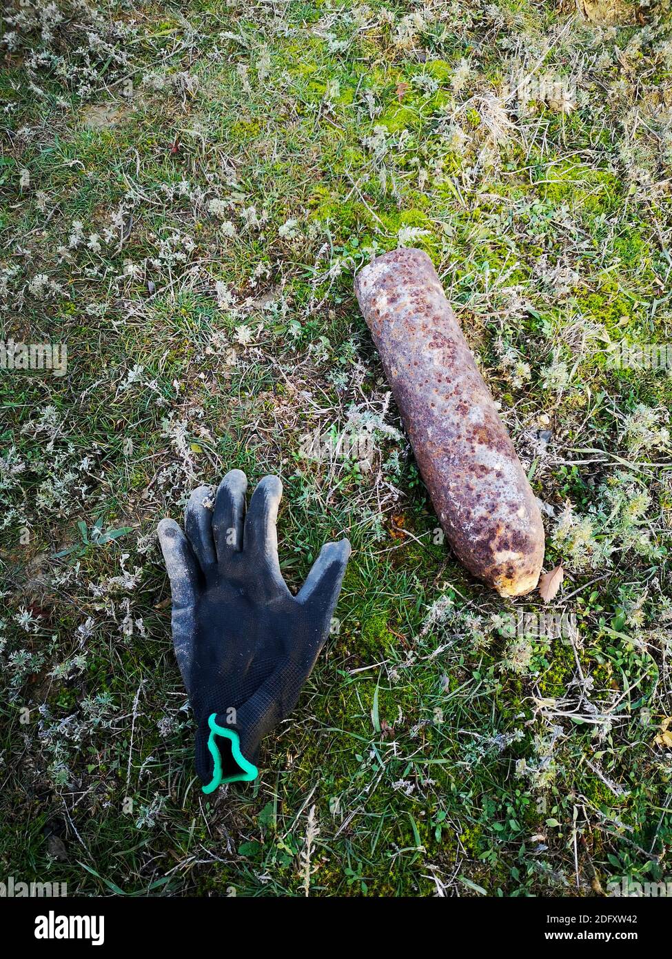 Bomb from World War II on the grass in the field in Romania Stock Photo ...