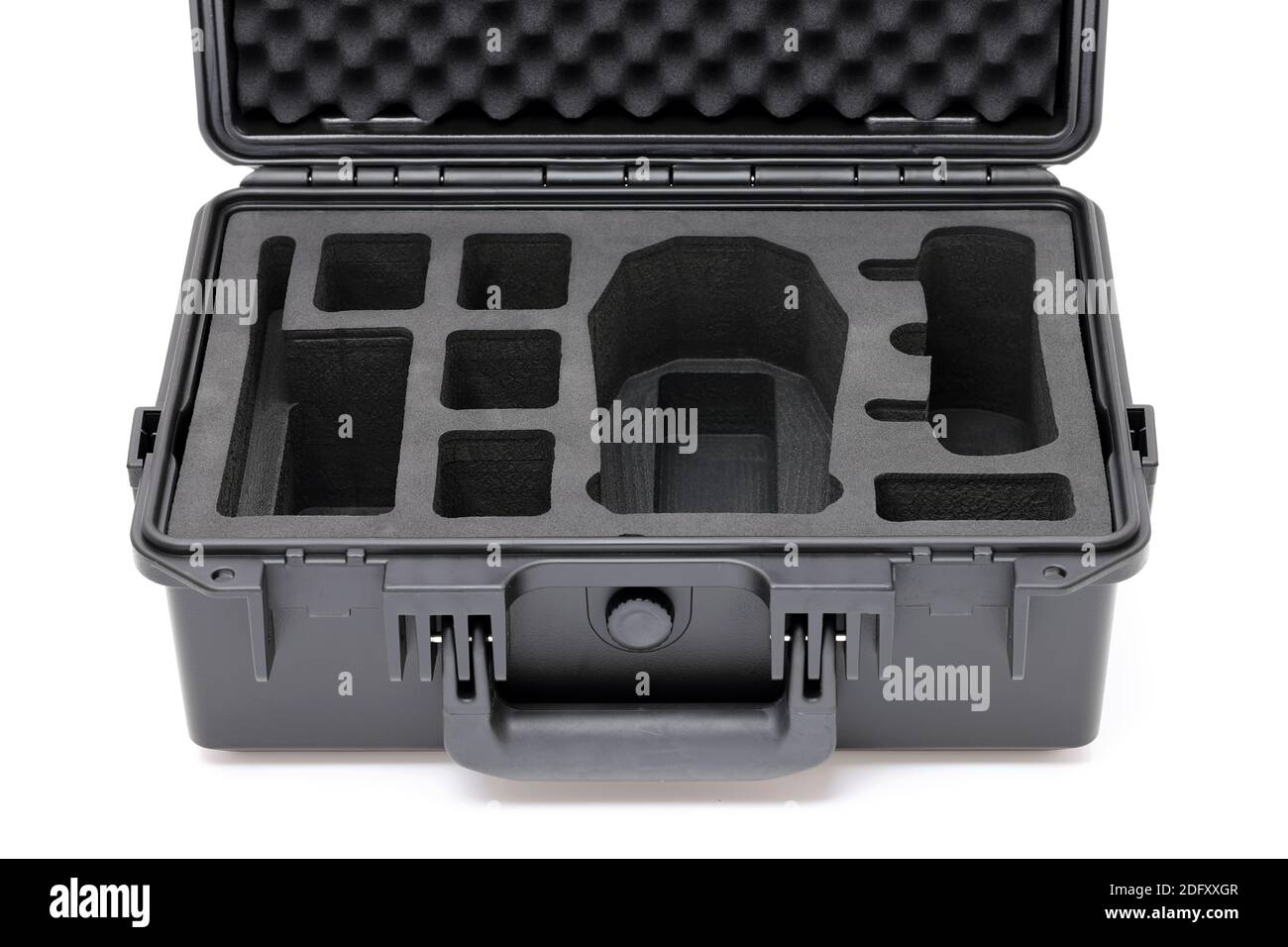 Open black hard plastic case with foam inside isolated on white ...