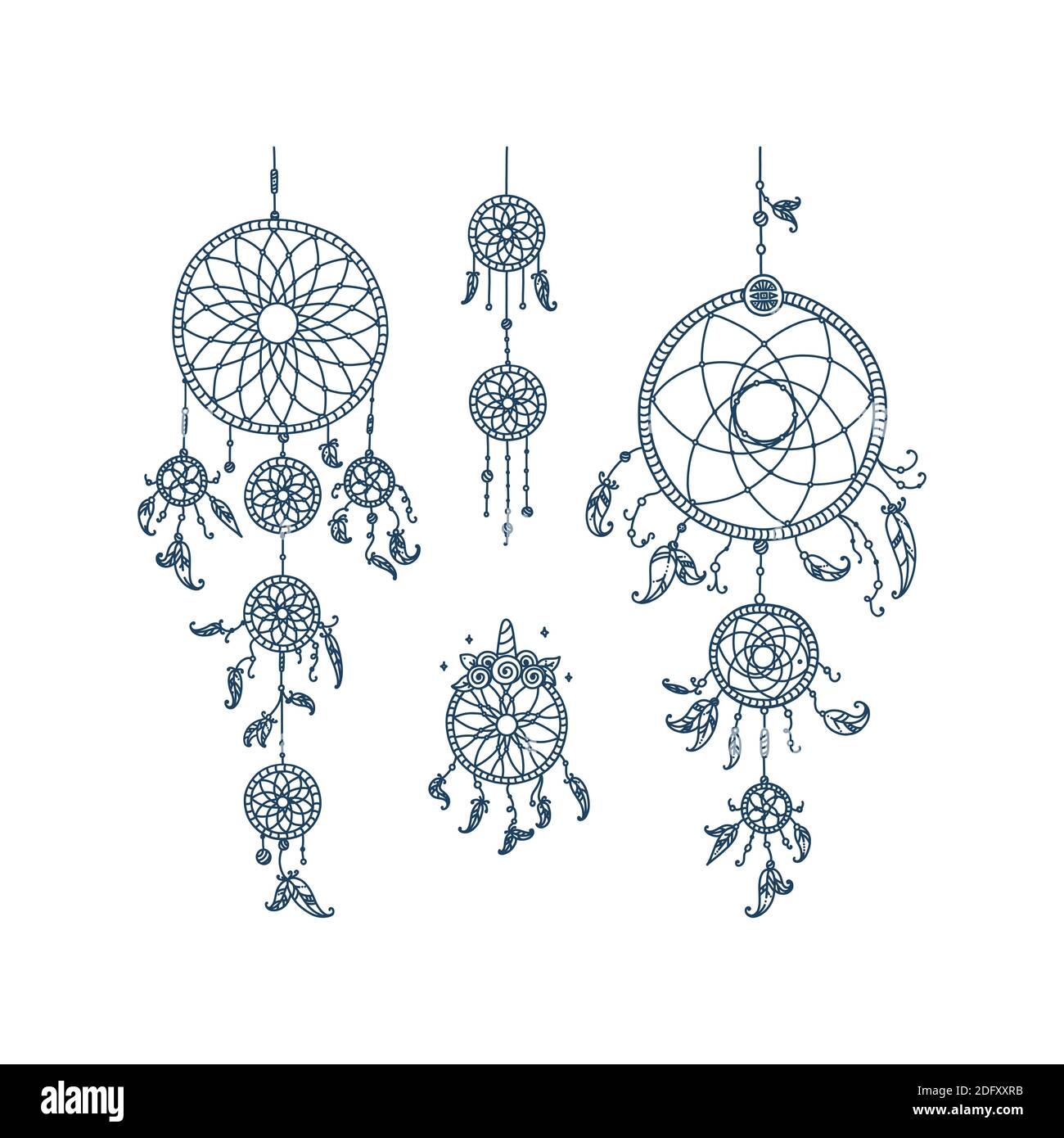 Dreamcatchers with tribal feathers. Set of spiritual dreamcatchers ...