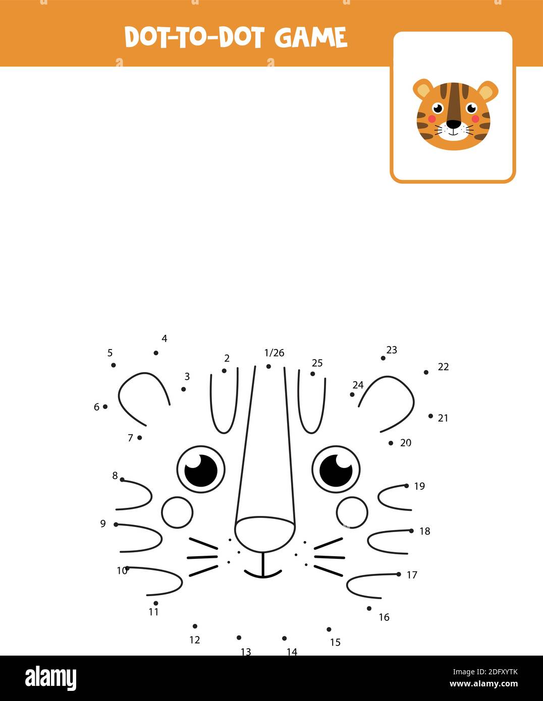 Connect the dots game with cute tiger face. Educational worksheet Stock ...