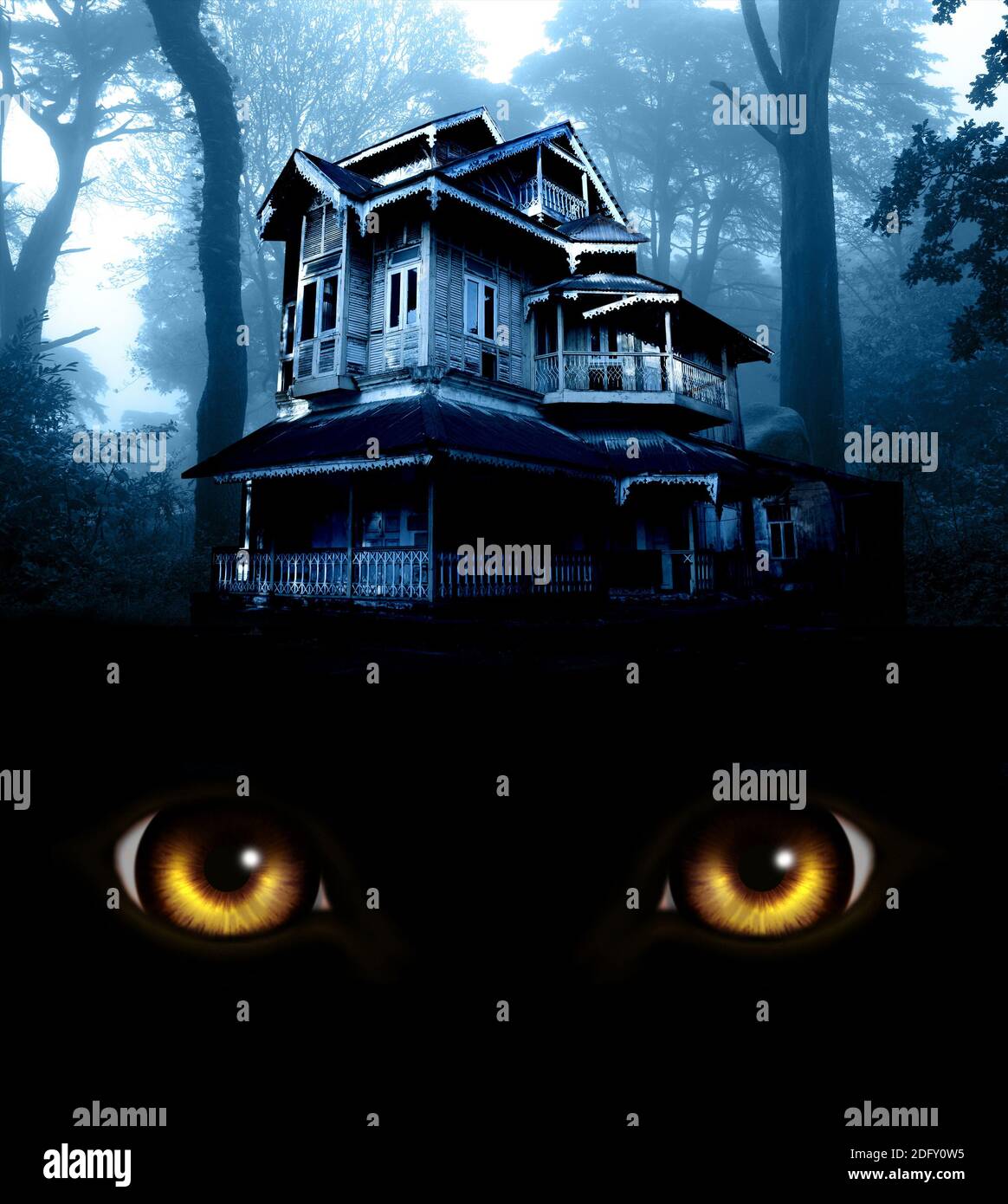 Haunted house in night forest. Old abandoned house and burning yellow ...