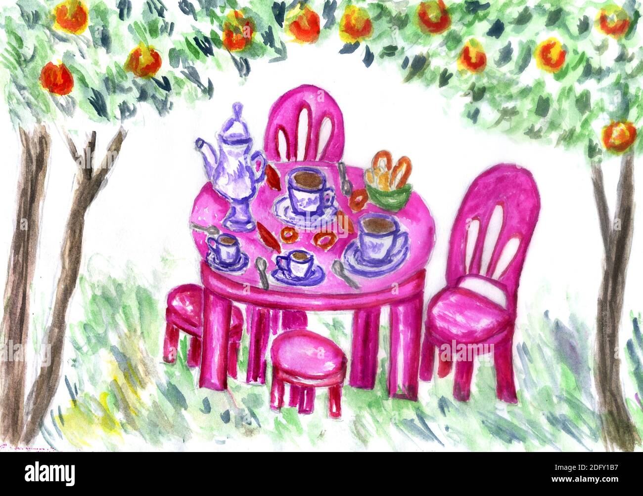 Table, chairs and tea cups with teapot in the garden hand drawn ...