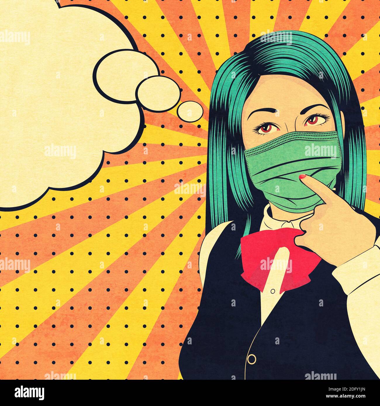 Young thoughtful woman wears disposable face mask pop art style ...