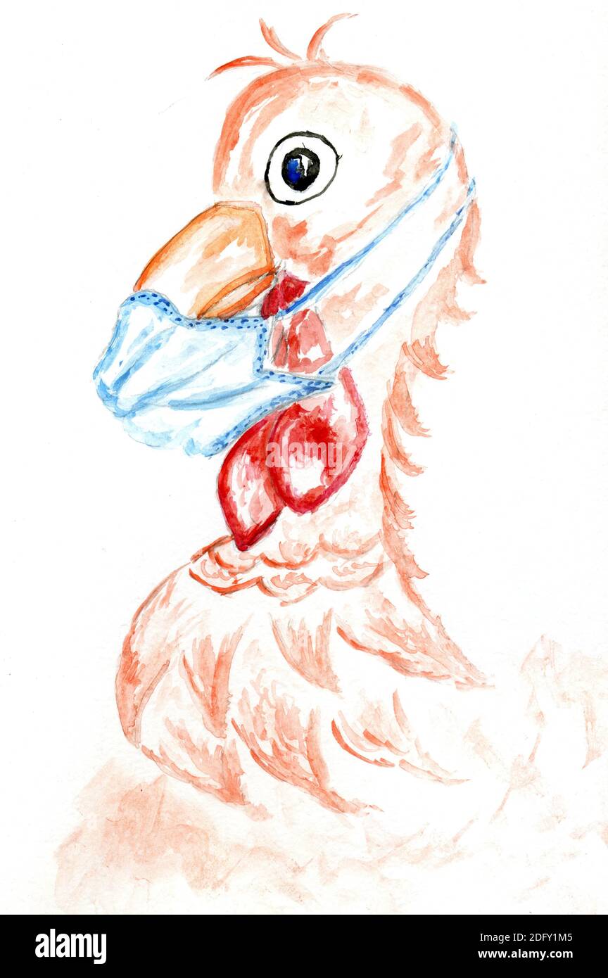 Cartoon turkey bird portrait in face mask hand drawn illustration Stock ...