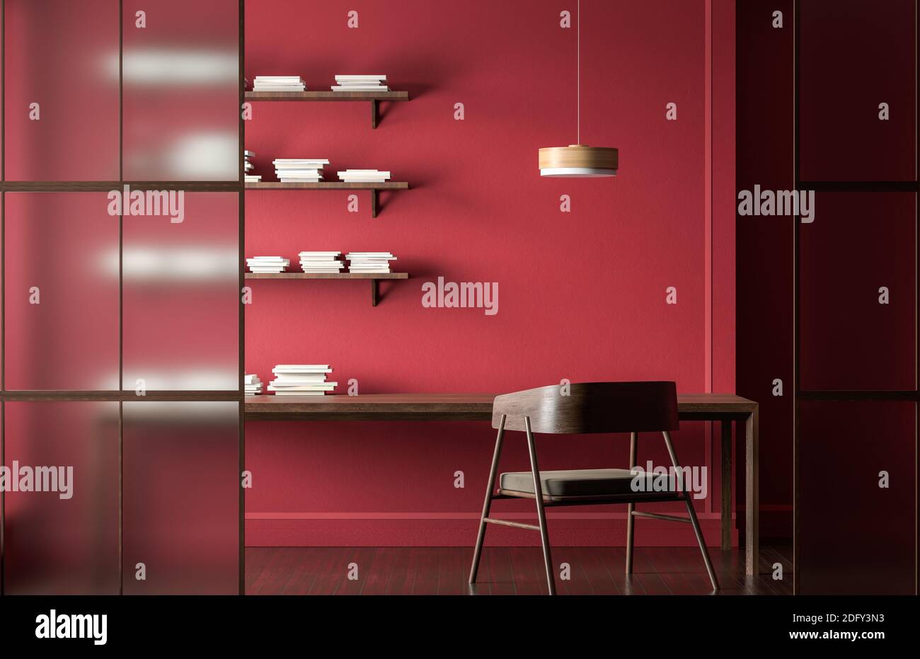 Modern style interior with wooden work desk. Minimalist workplace ...