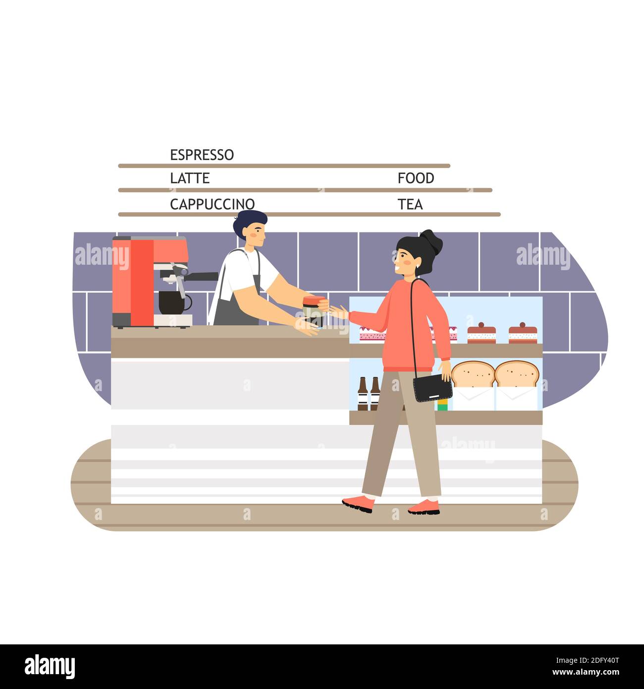 Coffee shop scene. Barista and visitor at bar counter, flat vector ...