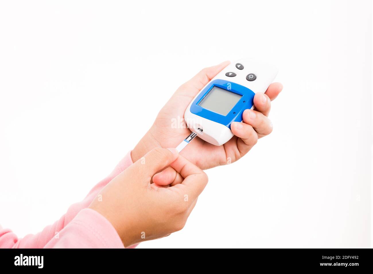 Closeup hands woman measuring glucose test level checking on a finger ...