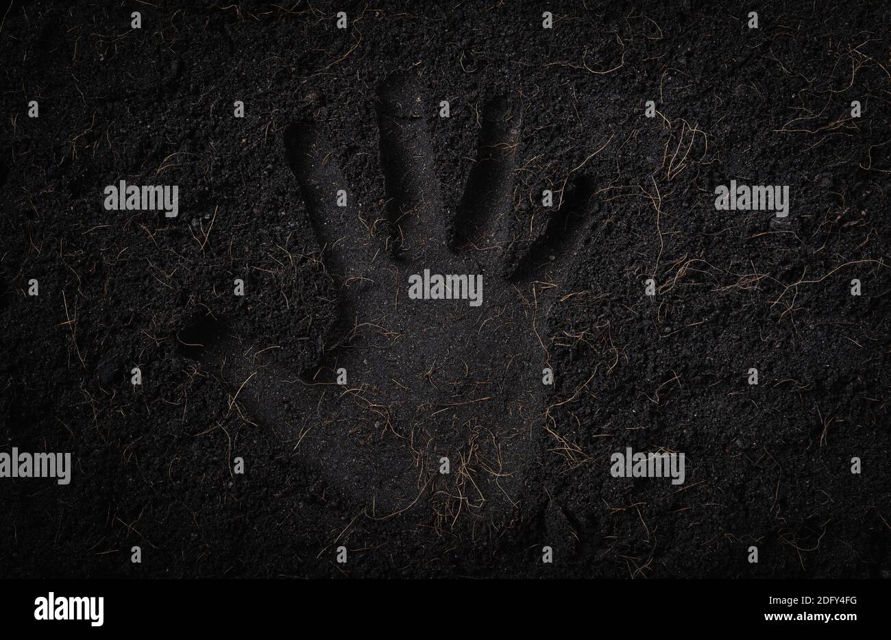 Hand print in black land for plant background, Top view of Handprint on ...
