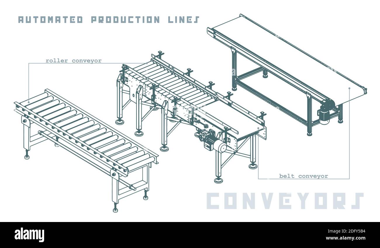 Stylized Vector illustration of several types of conveyors Isometric ...