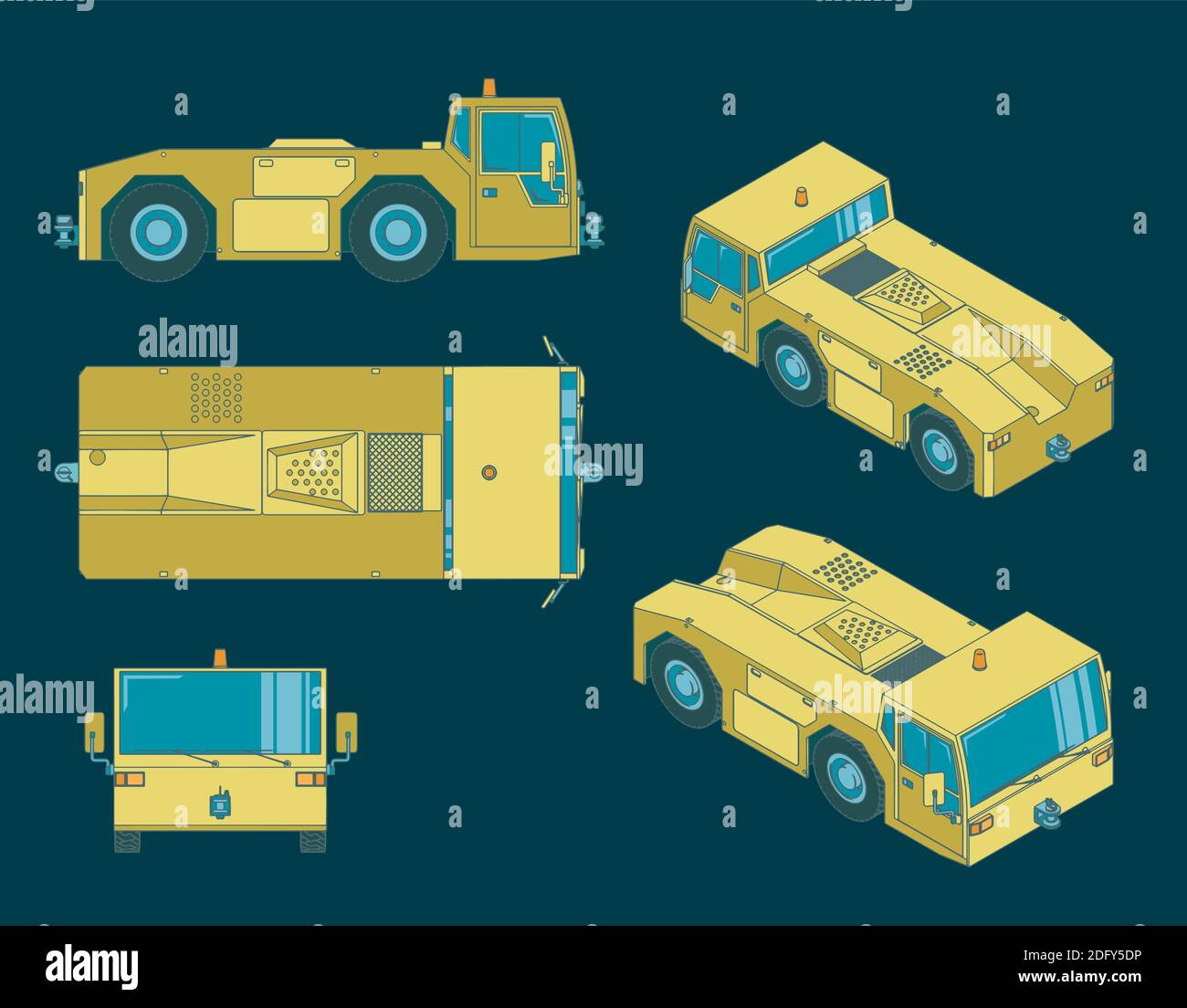 Stylized vector illustrations of Airport tow tractor drawings Stock ...