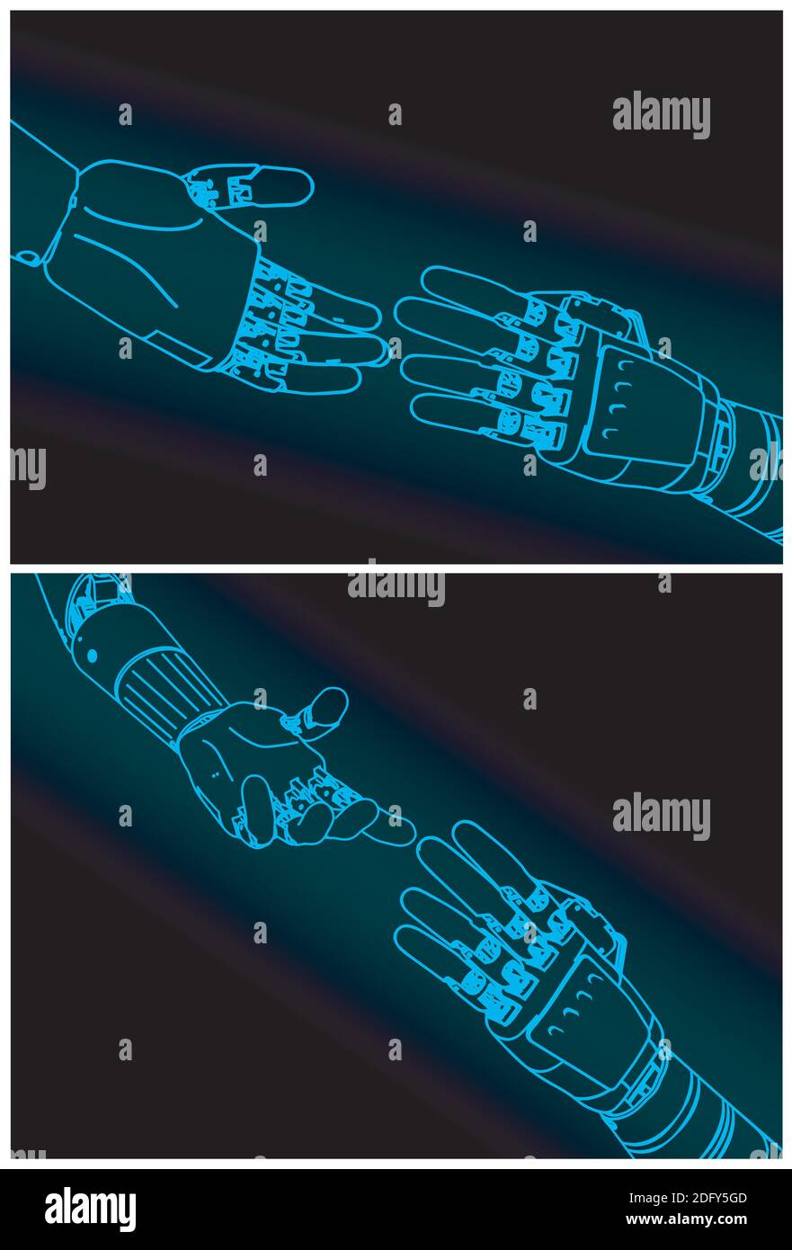 Vector illustration of robots helping hands closeup from different ...