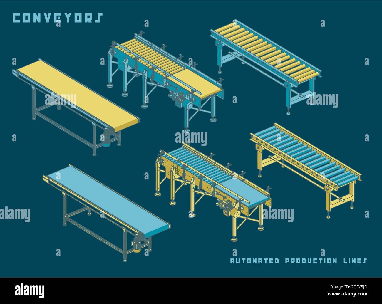 Stylized Vector illustration of several types of conveyors Isometric ...