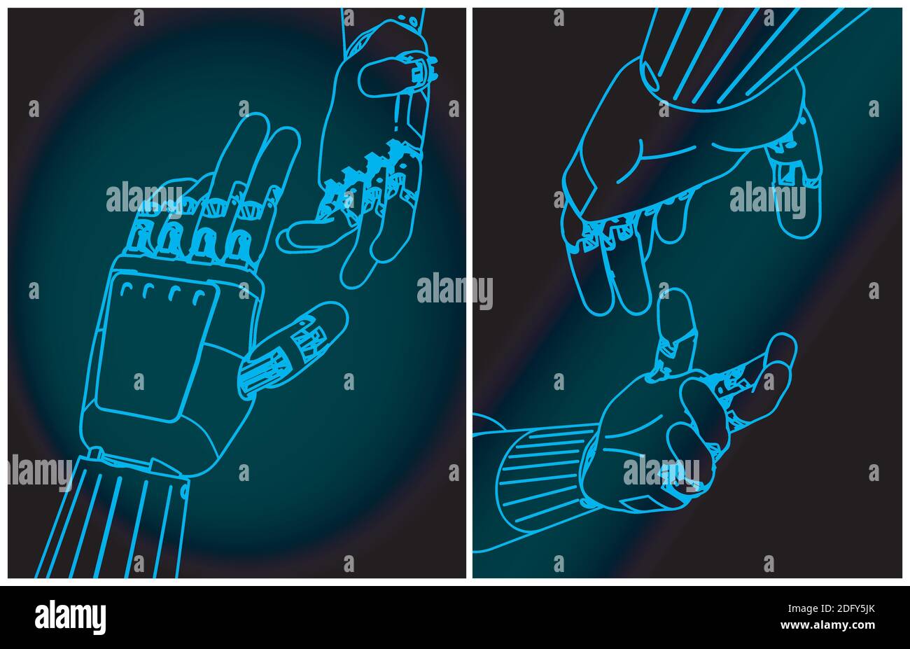 Vector illustration of robots helping hands closeup from different ...