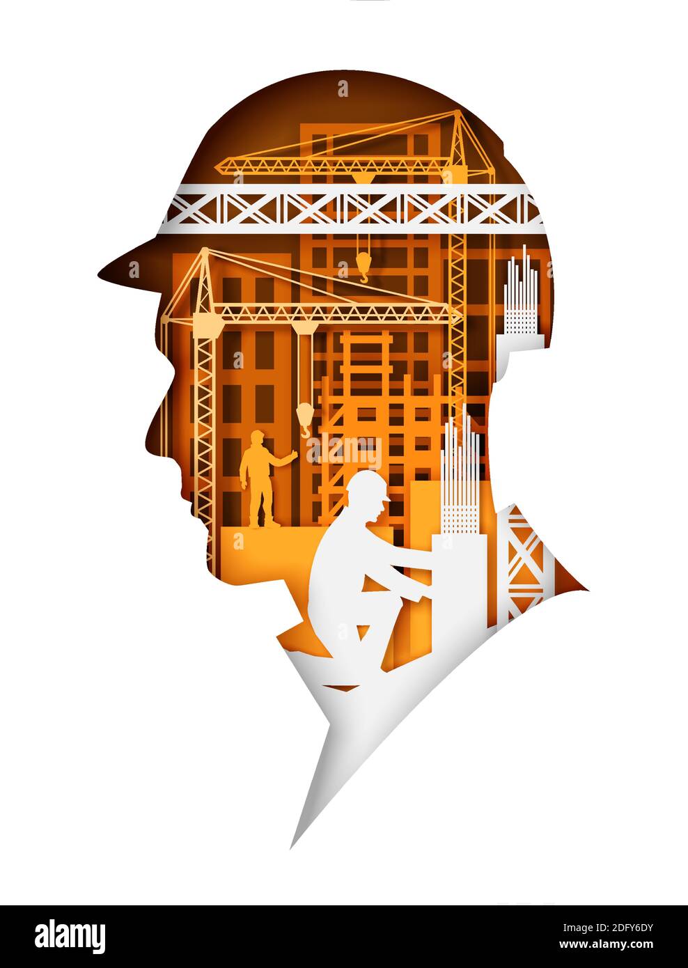 Paper cut builder head in hard hat silhouette with construction crane ...