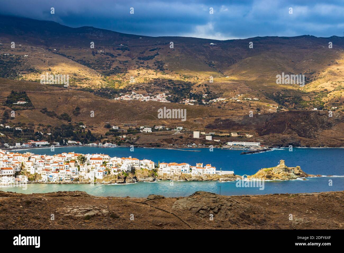 The capital of the Greek Cyclades island Andros on a rock spur in the ...