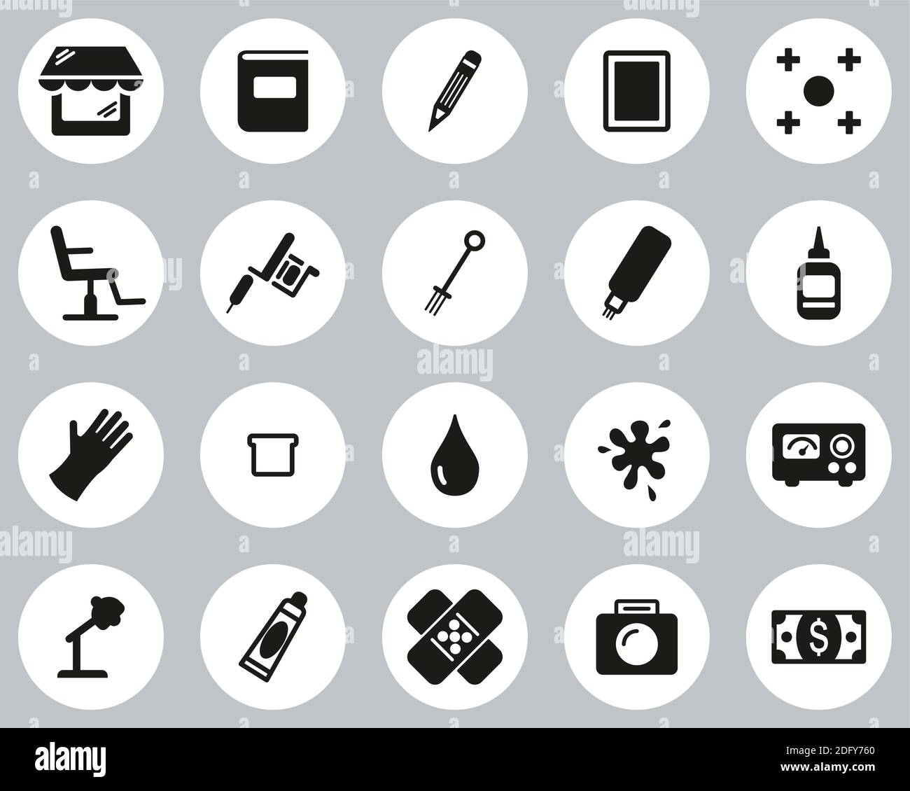 Tattoo Shop & Equipment Icons Black & White Flat Design Circle Set Big ...