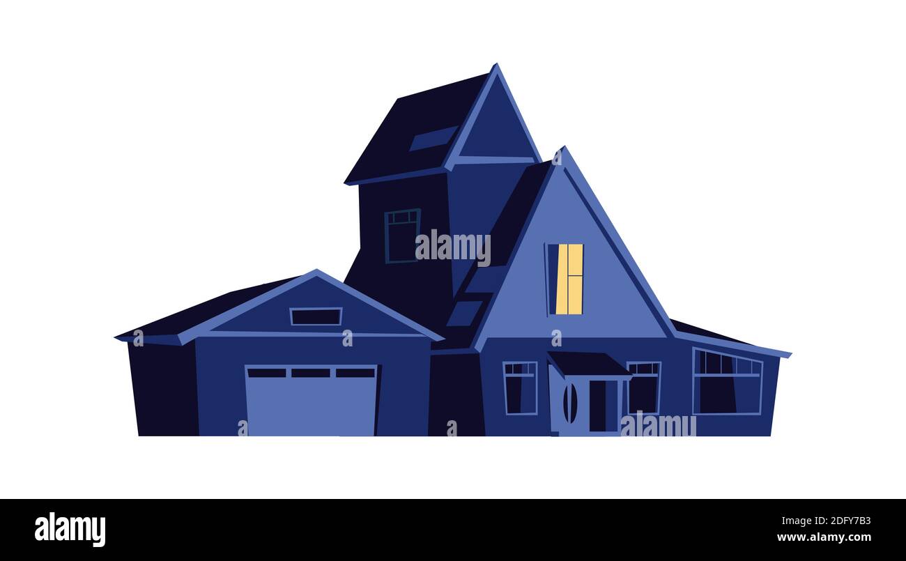 House at night, building with glowing windows in the dark, cartoon ...