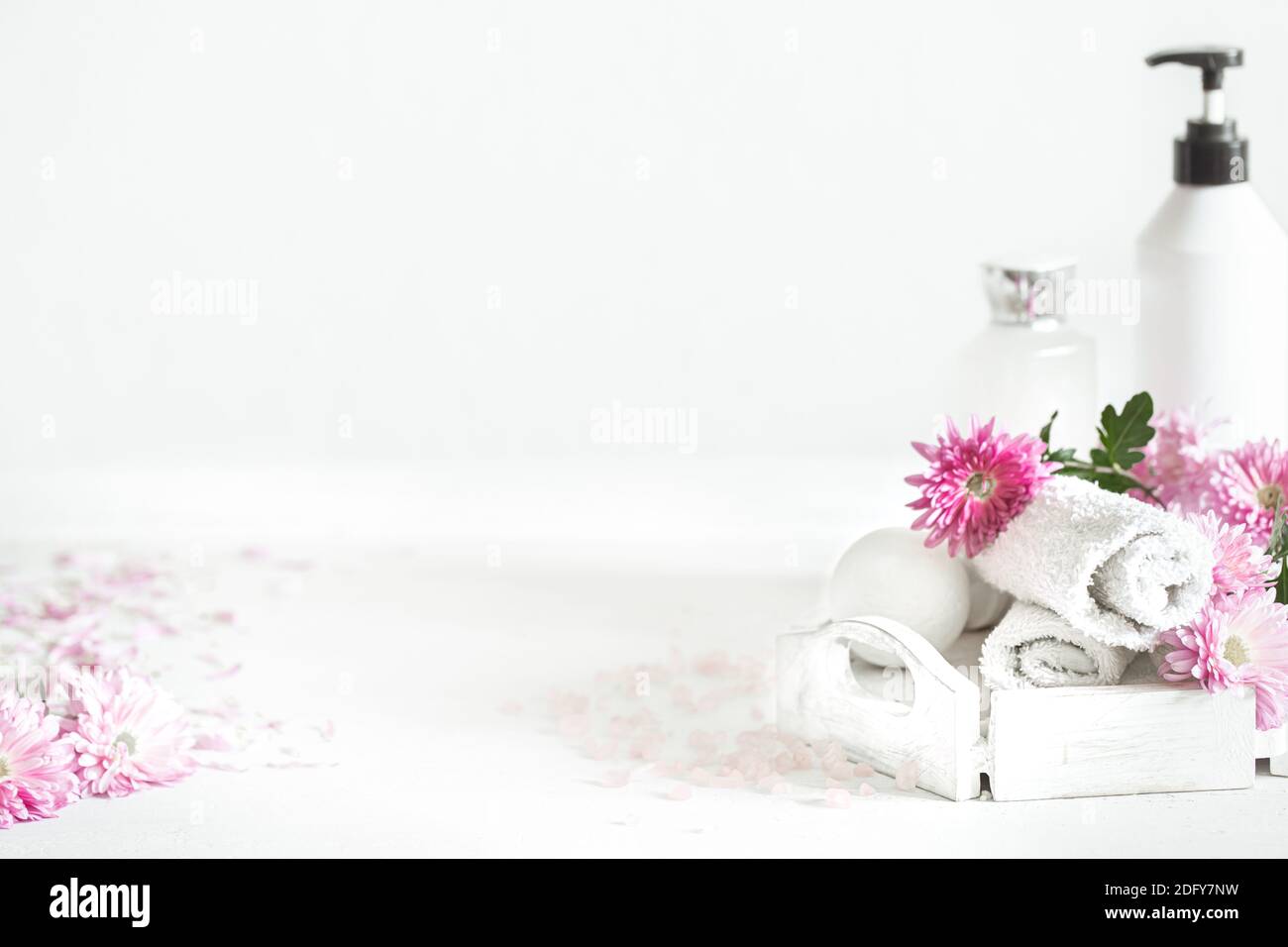 Spa background with products for personal hygiene and beauty with pink ...